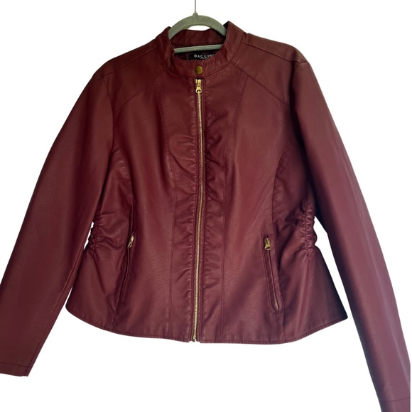 Baccini | Jackets & Coats | Maroon Faux Leather Jacket With Zippers ...